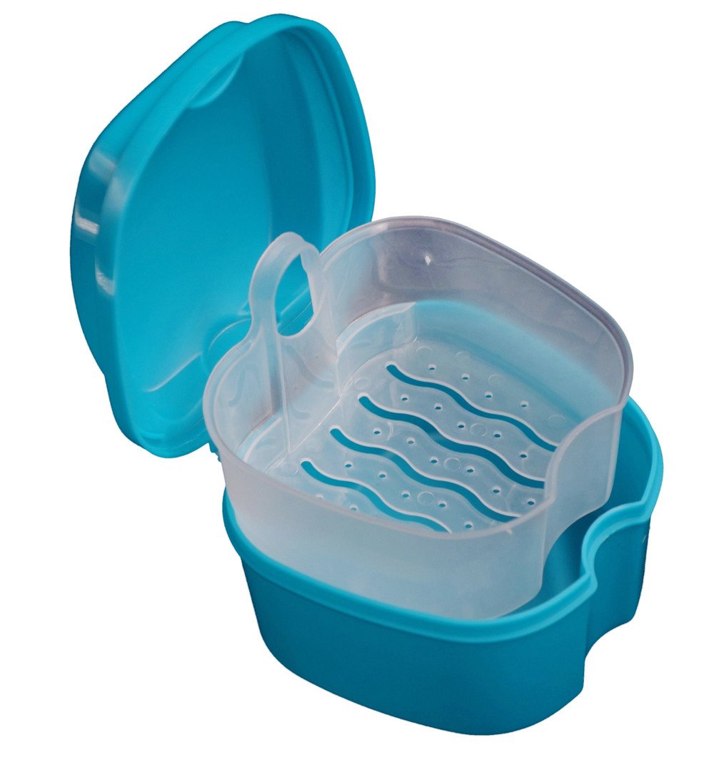FUELEGO 1pcs Denture Bath Box Cup Retainer Holder Box with Clear Filter Basket Portable Dentures Night Guard & Retainers Complete Clean Care for Dentures