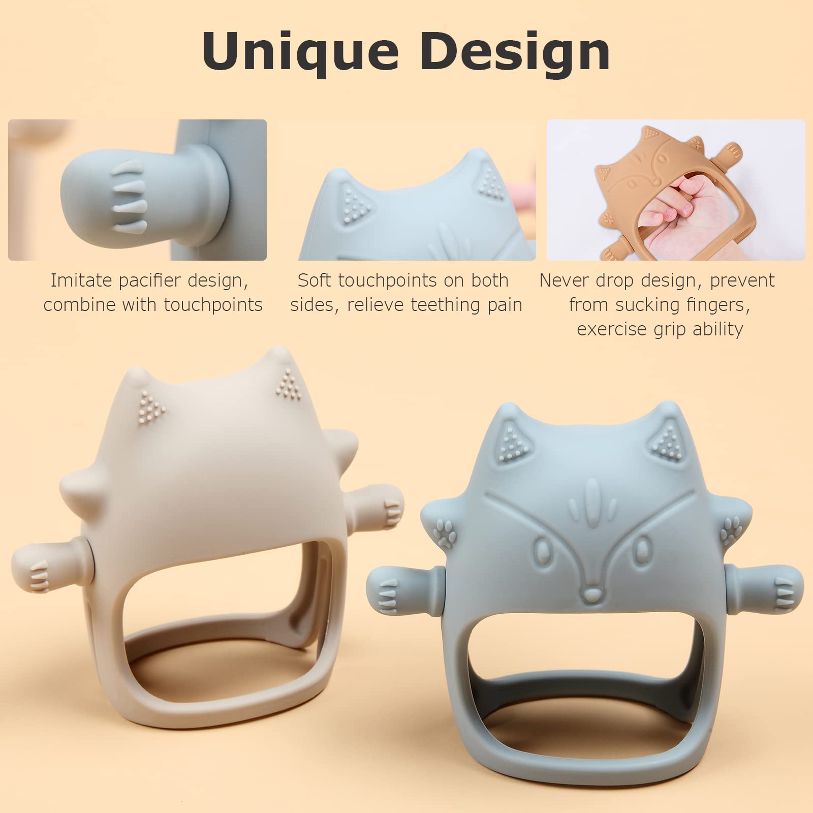 Eoopoon Silicone Baby Teething Toy for Babies 3 Months+, Never Drop wearable Silicone Baby Teether Toy, Mitten Glove Teether Toy for Teething Relief, Baby Chew Toys for Sucking Needs, BPA Free, Ether