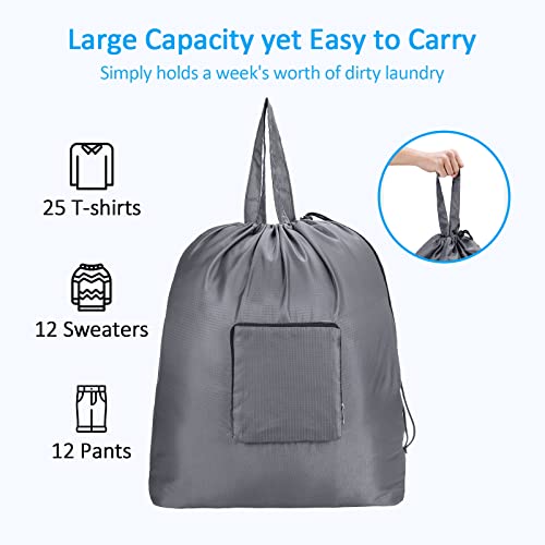 GOGOODA Travel Laundry Bags with Drawstring Closure XL Large Foldable Dirty Clothes bags with Handle Heavy Duty and Washable for College Dorm Travelling Camping, 2 Pack, Grey