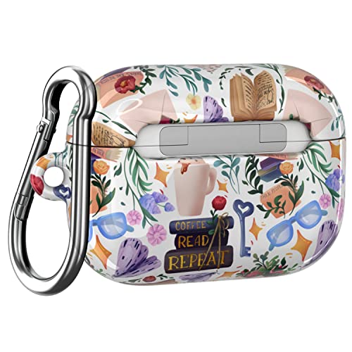 Hard Case Compatible with AirPods Pro 2 | AirPods Pro | AirPods 3 gen 2 1 Design Coffee Read Repeat Shockproof Hook Portable Cute Books Earpods Floral Nerdy Cover Protective Plastic with Keychain
