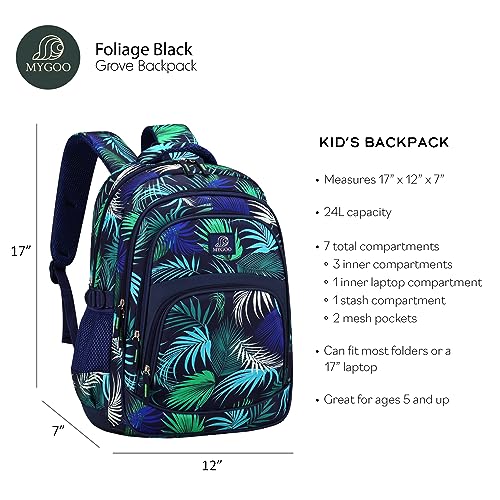MYGOO Kids Backpack for Boys | Tropical Design Backpack for Teen | Grove Collection | 17" Tall | 24L Capacity | Foliage Black