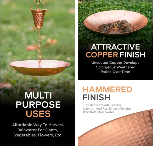 Marrgon Copper Anchoring Basin – Hammered Metal Bowl for Rain Chain Downspout Gutters – Beautiful Decorative Fountain Dish Display for Outdoor Garden, Lawn & Patio Water Feature – 11” Wide x 2” High
