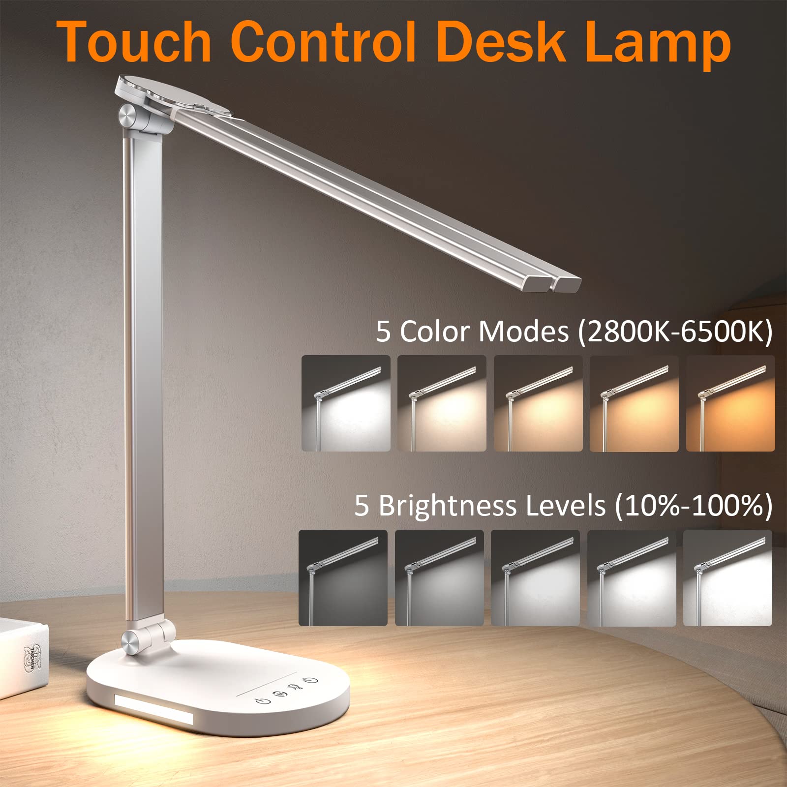 Doeklpo Desk Lamp, LED Desk Lamps for Home Office, Eye-Caring Double Head Desk Light with USB Charging Port, Night Light, 5 Light Mode 5 Brightness Levels, Desk Lamps for Office Study Reading