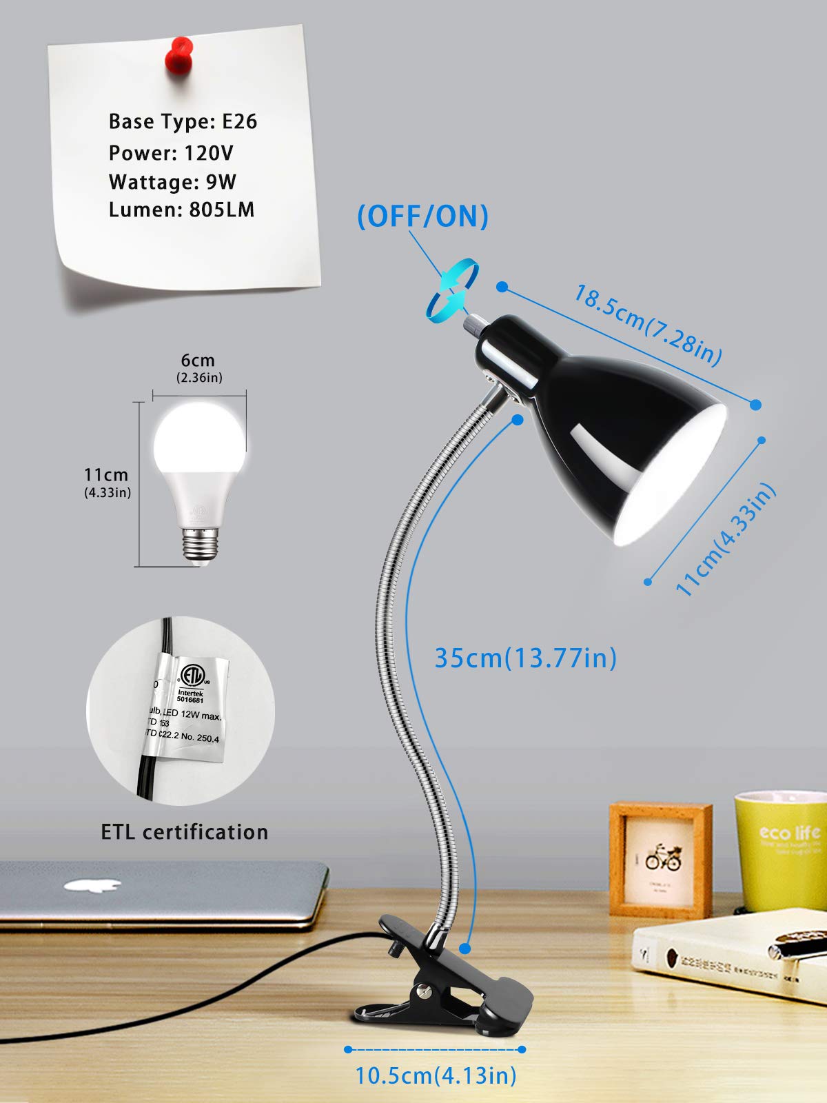 Desk lamp Eye-Caring Table Lamps, 360°Rotation Gooseneck Clip on Lamp Reading Light Portable Reading Book Light, Clamp Light, Study Desk Lamps for Bedroom and Office Home Lighting (Black)