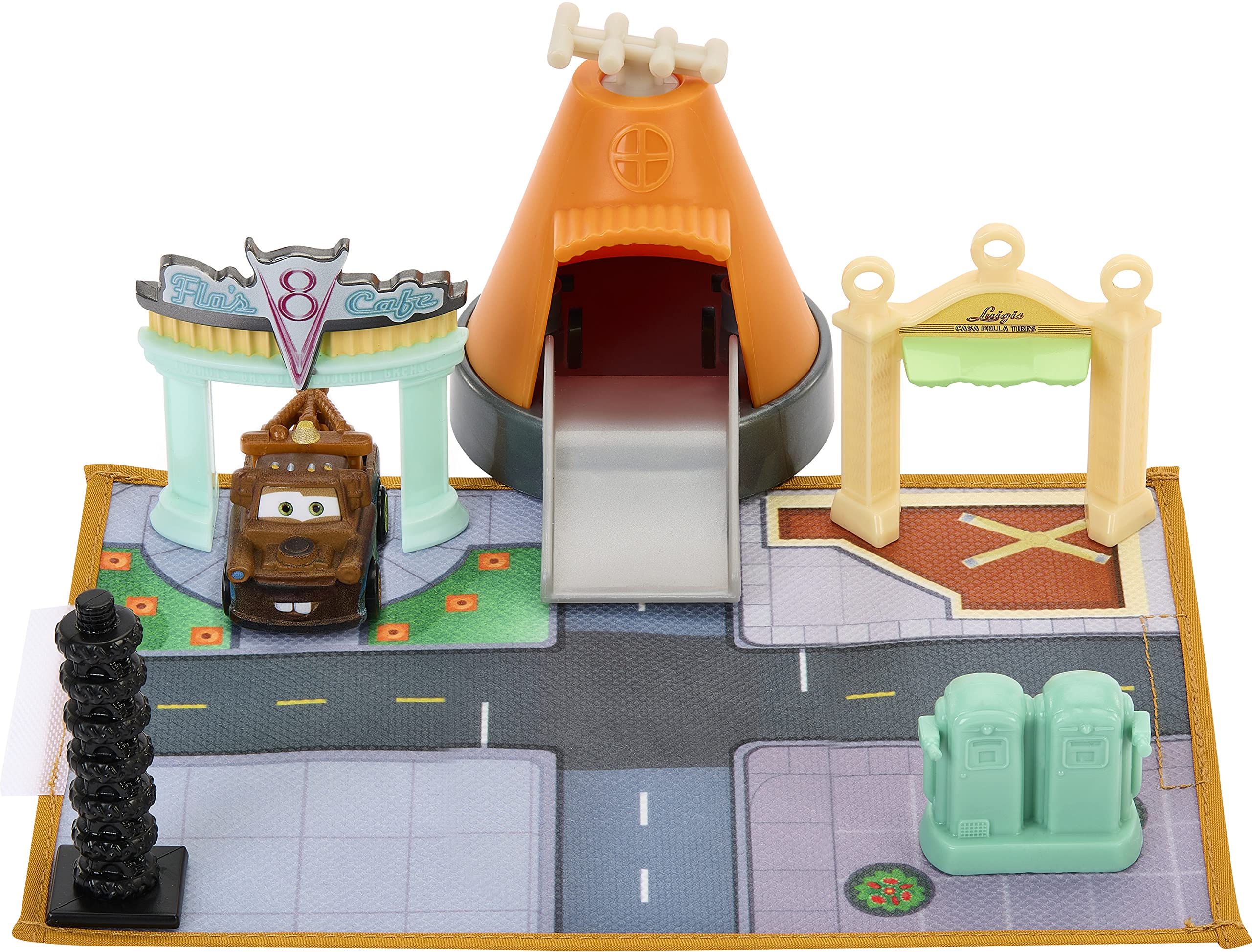 Mattel Disney and Pixar Cars Mini Racers Playset, On-the-Go Radiator Springs with 1 Mini Toy Car, Accessories & Portable Case
