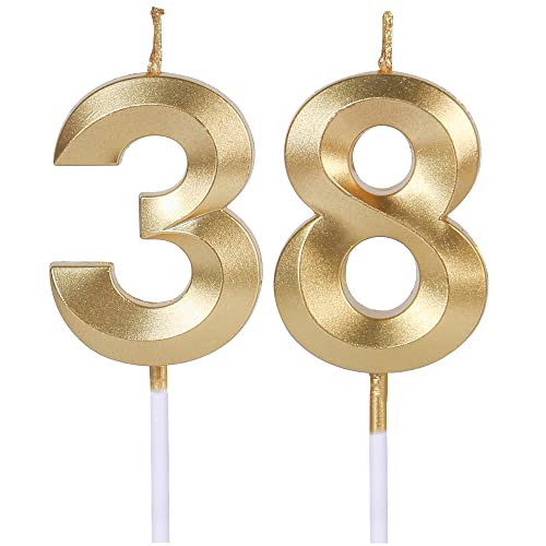Gold 38th & 83rd Birthday Candles for Cakes, Number 38 83 Candle Cake Topper for Party Anniversary Wedding Celebration Decoration