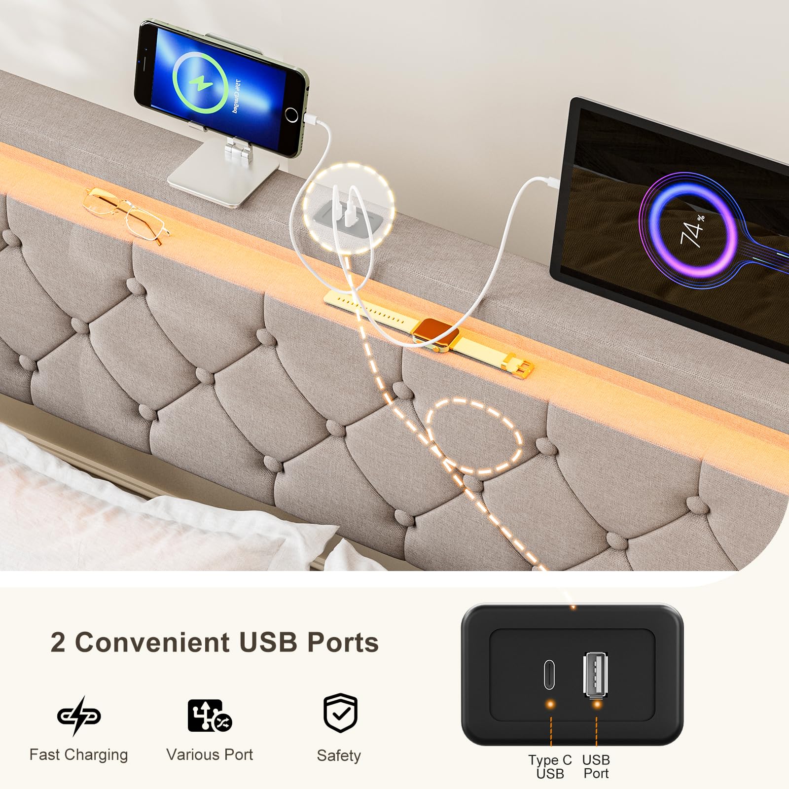IKIFLY Queen Lift Up Storage Bed Frame with LED Lights Headboard & 2 USB Ports - Adjustable Height - Upholstered Button Tufted Queen Platform Bed, Solid Wood Slats, No Box Spring Needed, Black