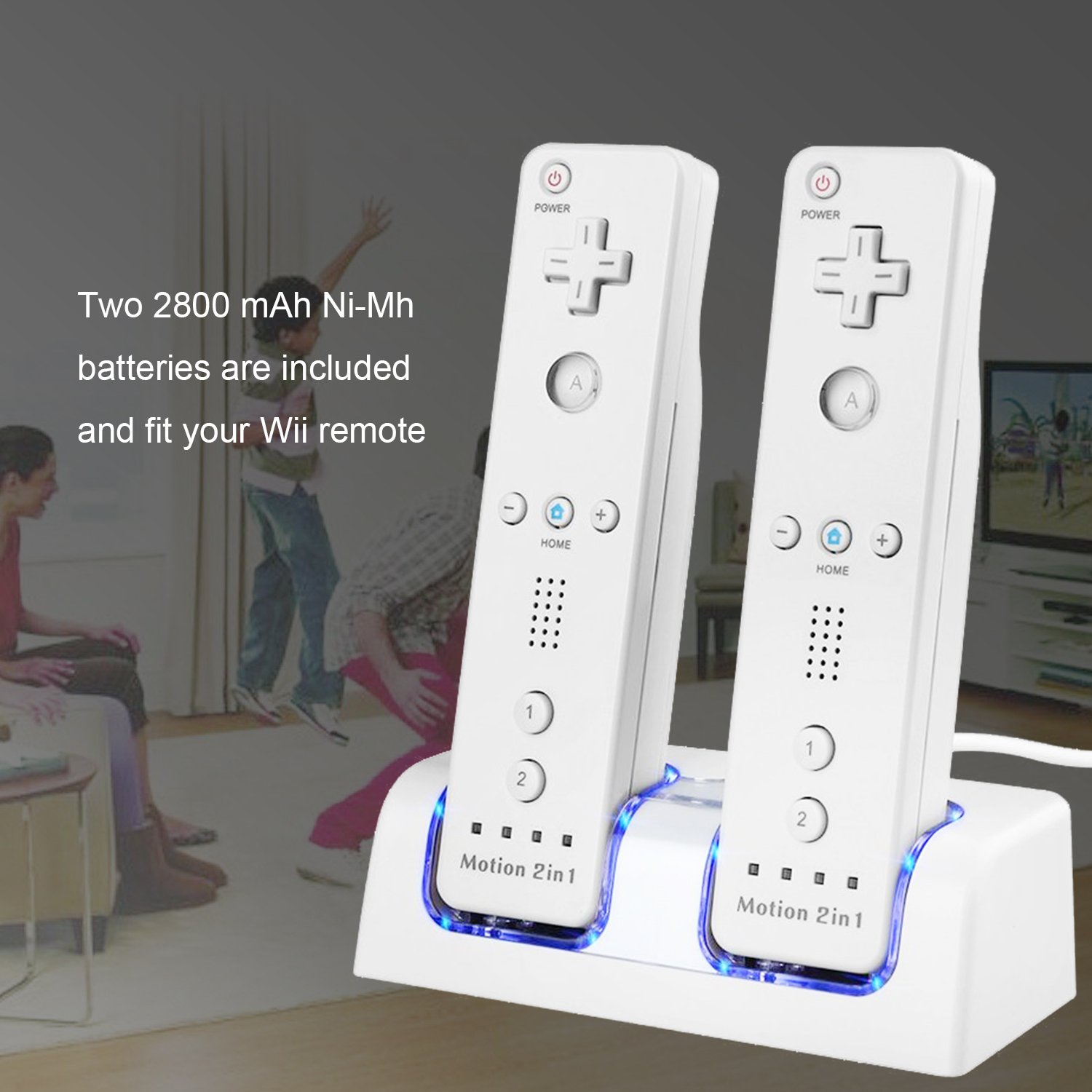 TechKen Dual Charging Station with 2 Rechargeable Batteries for Wii Controllers, Charging Dock for Wii Controllers, Wii Charger Station, Wii Charging Station