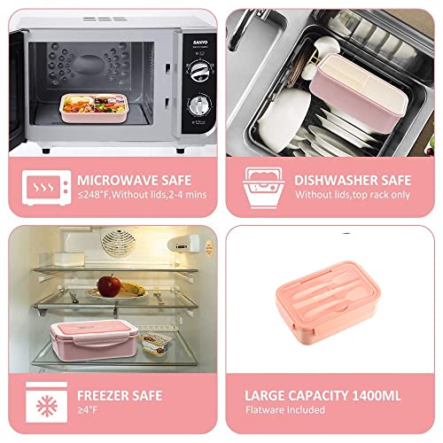 JHXTZ Bento Box For Adult, 1400ML Lunch Container Bento Boxes, Built-in Cutlery Set, Micro-Wave Dishwasher Safe(Pink)