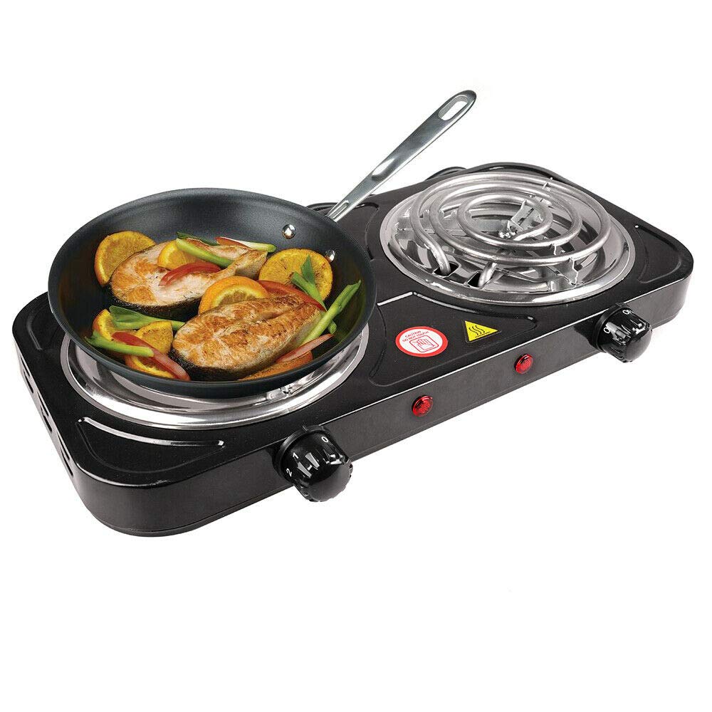 Electric Double Coil Burner, 2000W Electric Hot Burner Portable Stainless Steel Electric Stove with Dual 5 Level Temperature Control, for Home Dorm Office Camping Cooking (Double Coil Burner)