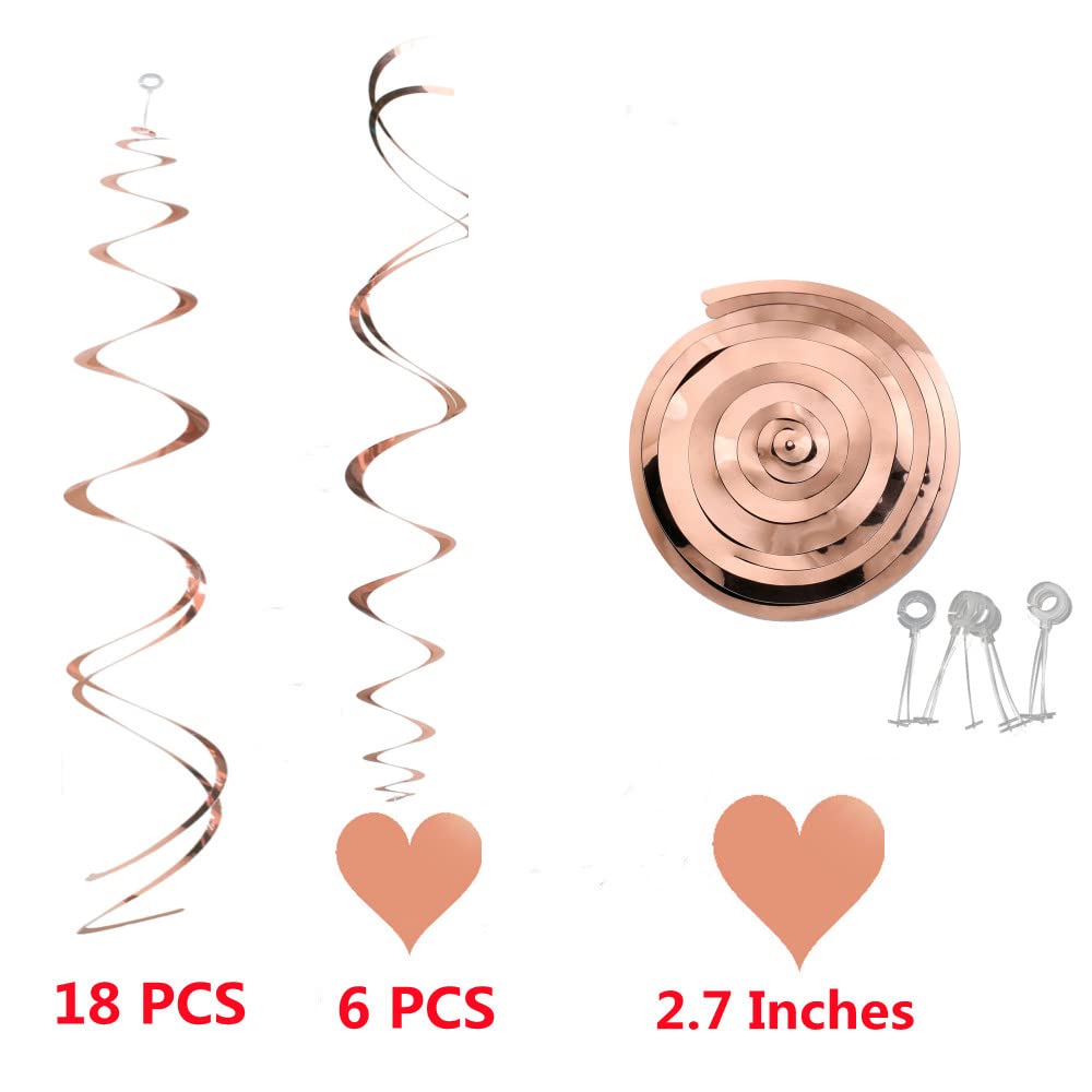 hellensp 24 PCS Rose Gold Party Swirl Decorations Sparkly Rose Gold Heart Foil Swirls Decorations for Wedding Birthday Bridal Bachelor Party Decorations