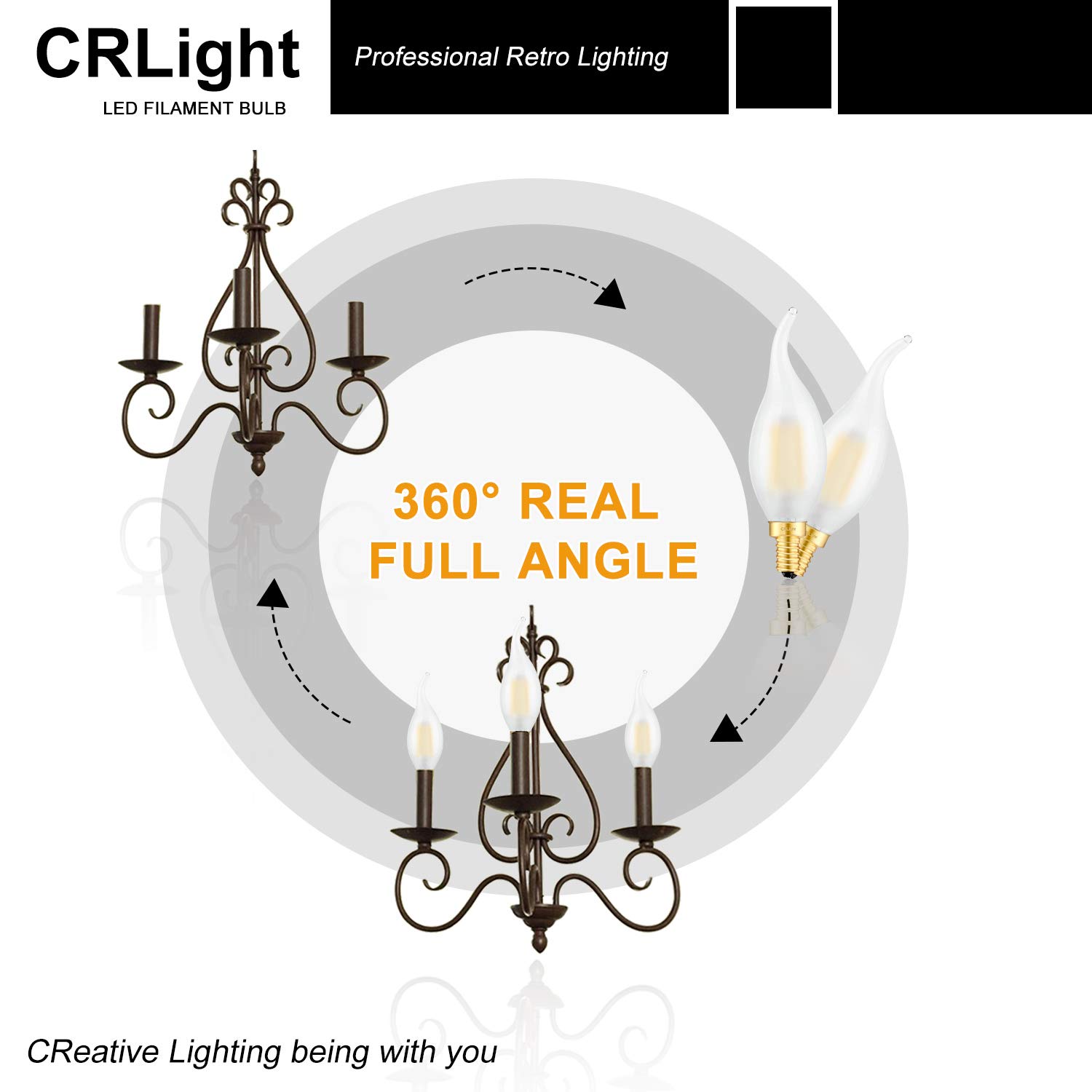 CRLight 2W LED Candelabra Bulb 3000K Soft White 25W Equivalent 250 LM, E12 Dimmable LED Chandelier Bulbs, Antique C35 Frosted Candle Flame Shape Bent Tip, 6 Pack