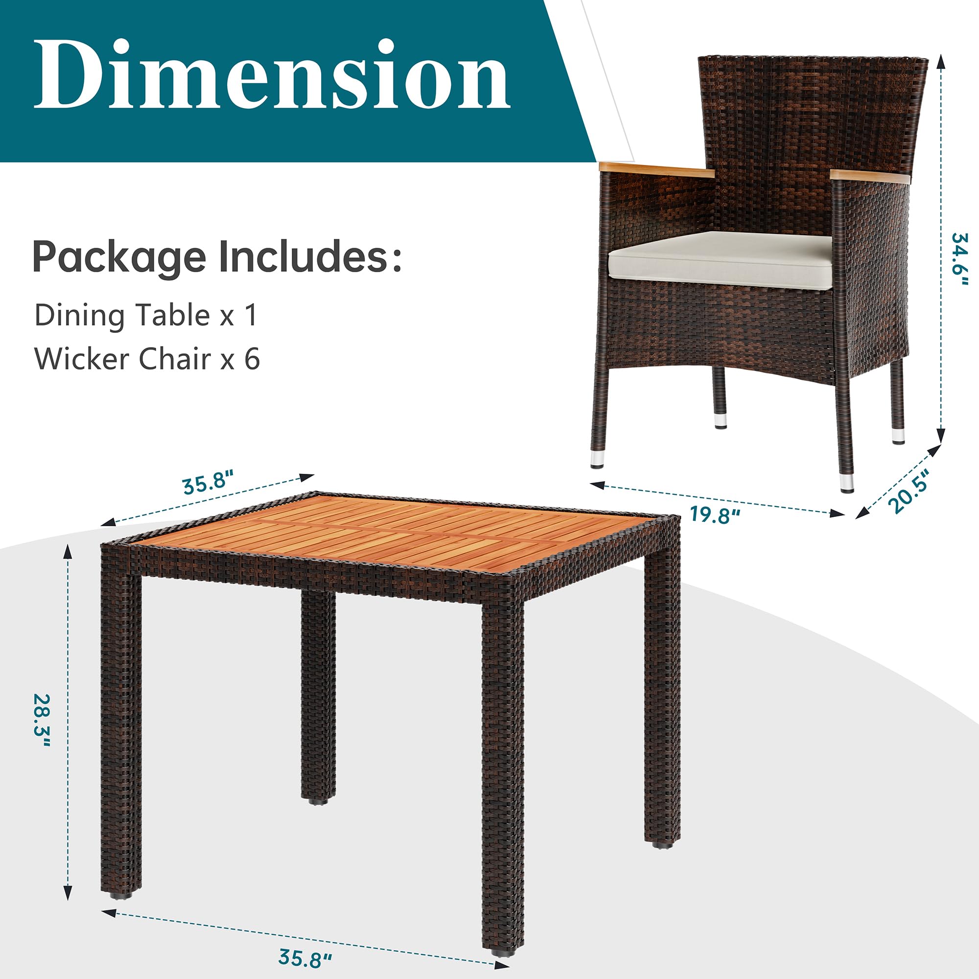 Shintenchi 5 Piece Patio Dining Set, Wicker Patio Conversation Set with Wood Table Top, Outdoor Table and Chairs with Soft Cushions for Backyard, Deck and Garden, Brown Rattan