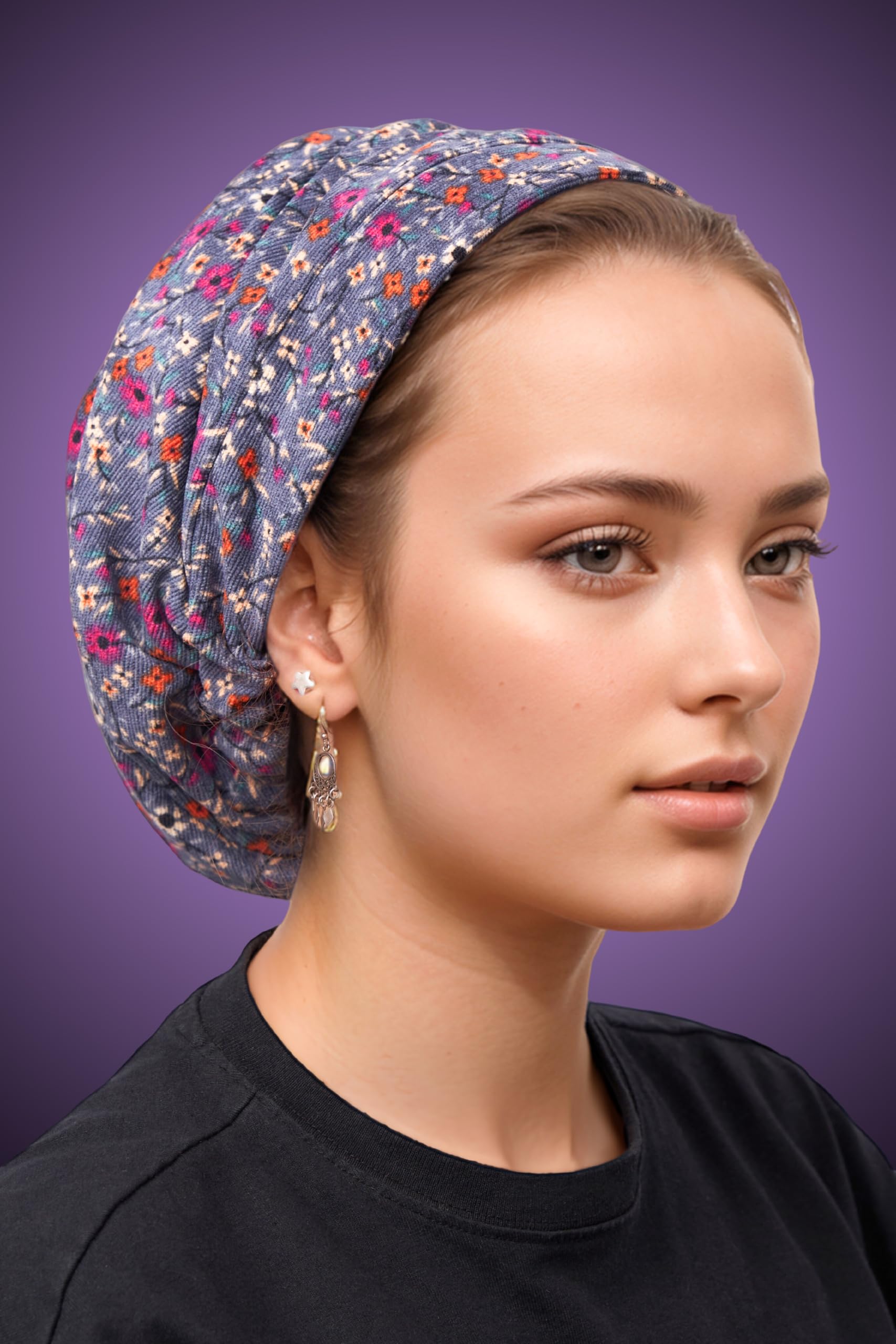 Ermandina Floral Head Covering for Women Tichel Slouchy Beanie Beret Snood Headcovering (Blue)