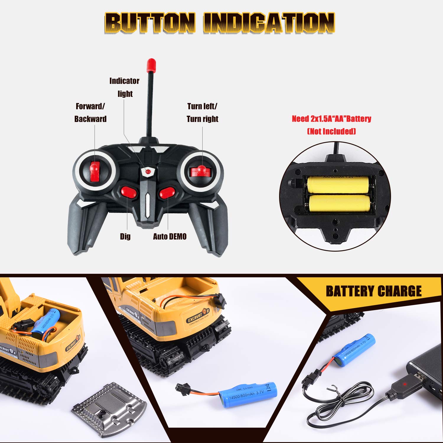 Urabiu Remote Control Toy Excavator Truck Fully Functional Children Toy Rechargable Simulated Sounds Engineering Sand Digger Construction Vehicle Toy Gift for Toddlers