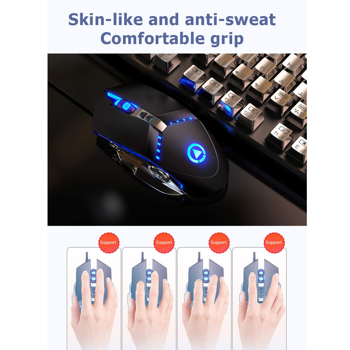 Censprin Gaming Mouse USB Wired RGB Backlit Silent Click Gamer Mouse with 4 Adjustable DPI Up to 3200, Comfortable Grip Ergonomic Optical Gaming Mice for Laptop PC Gamer Computer