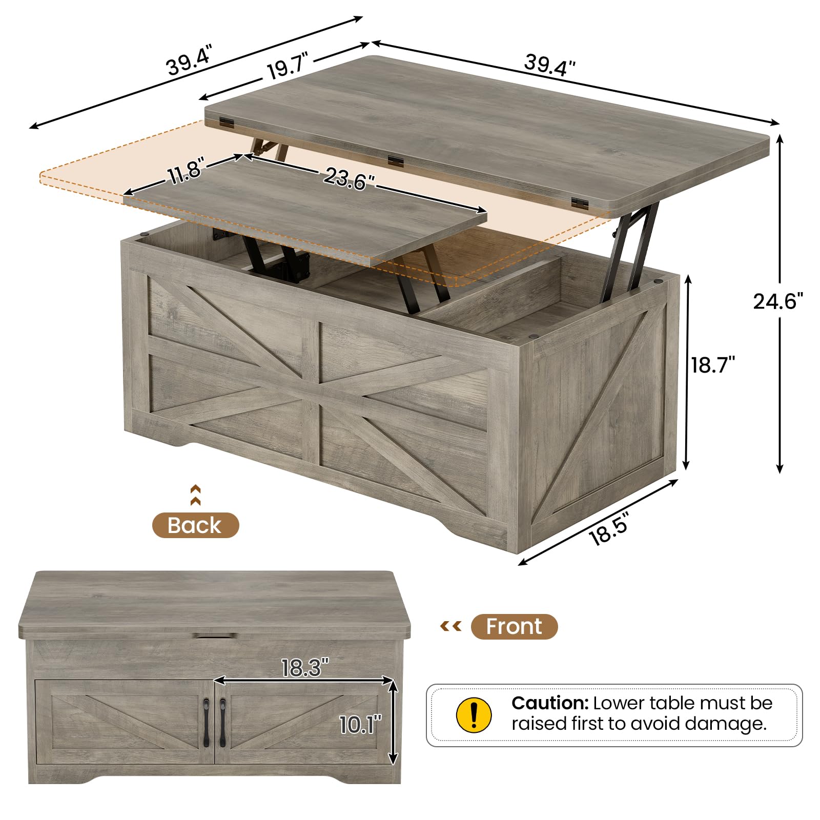 Itaar Farmhouse Coffee Table, Lift Top Coffee Table with Large Hidden Compartment, Rustic Center Table with Barn Door, for Living Room, Office, Grey