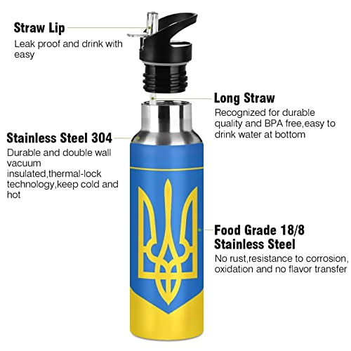 Stainless Steel Water Bottle with New Wide Handle Straw Lid Ukraine Flag National Emblem Portable Sport Bottle 20 Oz