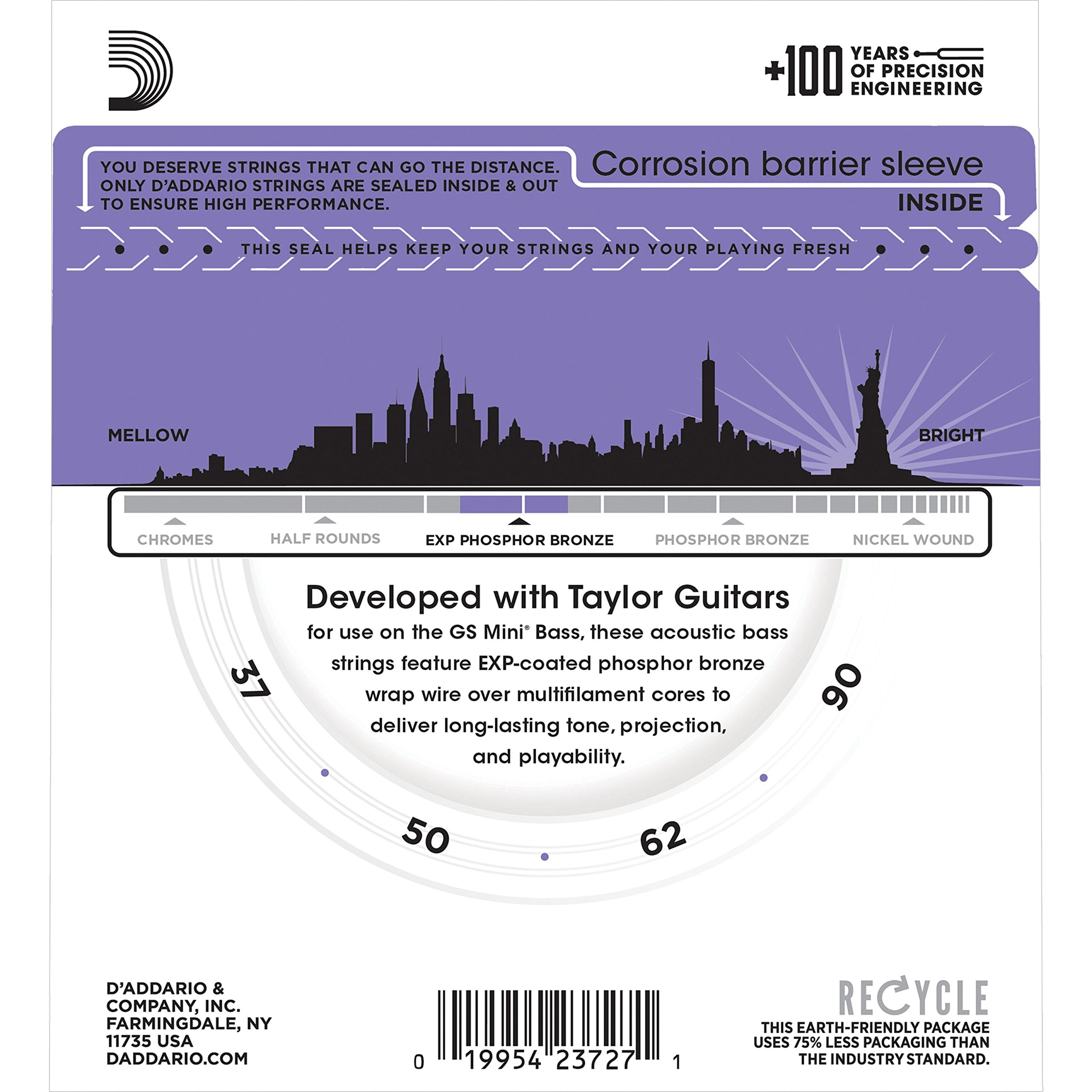 D'Addario EXPPBB190GS Phosphor Bronze Coated Acoustic Bass Strings, Taylor GS Mini Scale, 37"-90"