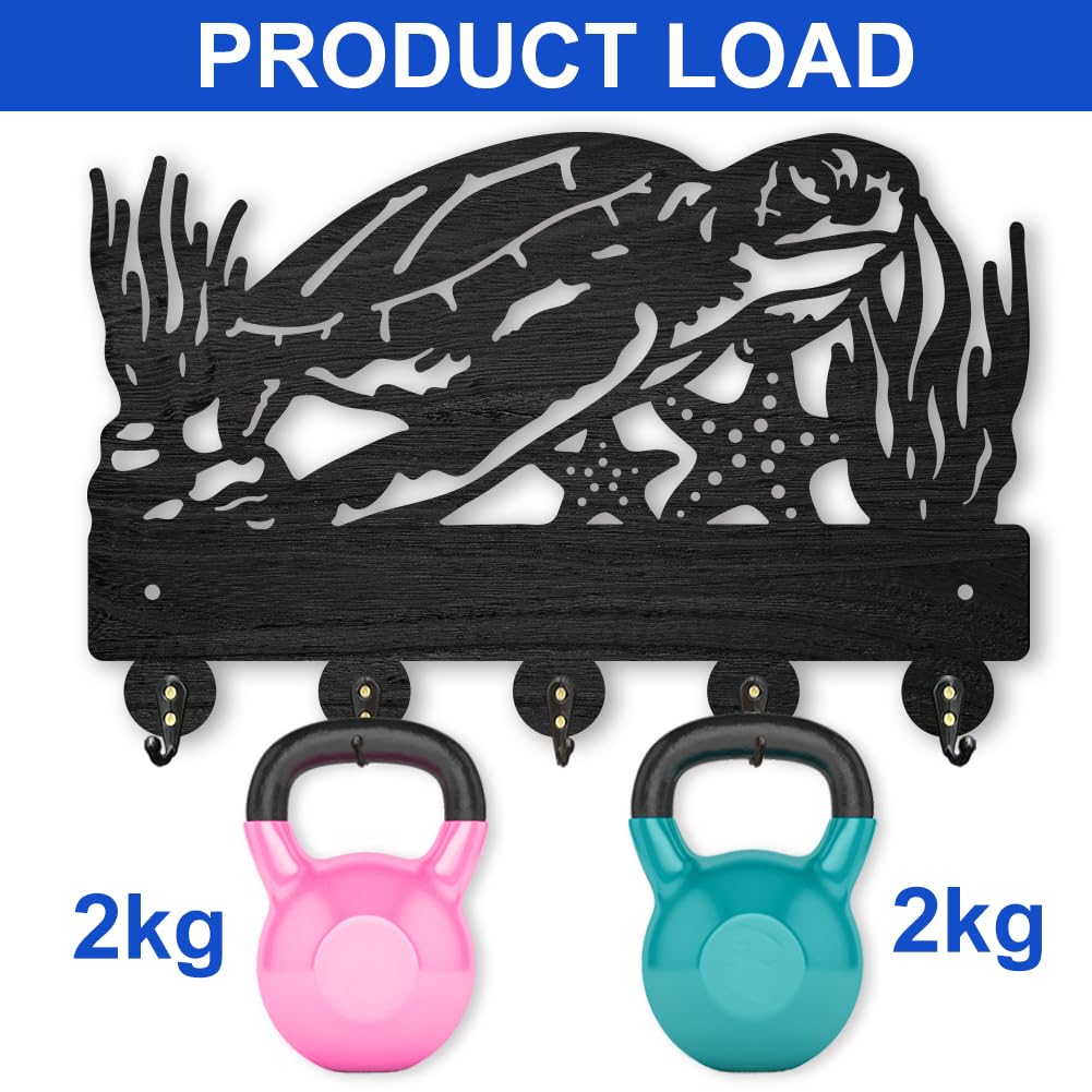 INFUNLY Ocean Theme Key Holder with 5 Key Hooks Black Wall Mounted Key Hangers Turtle Key Hangers Wood Key Rack for Home Decor Hallway, Entryway, Bedroom, Mudroom, Office 11.8inchx7.6inch