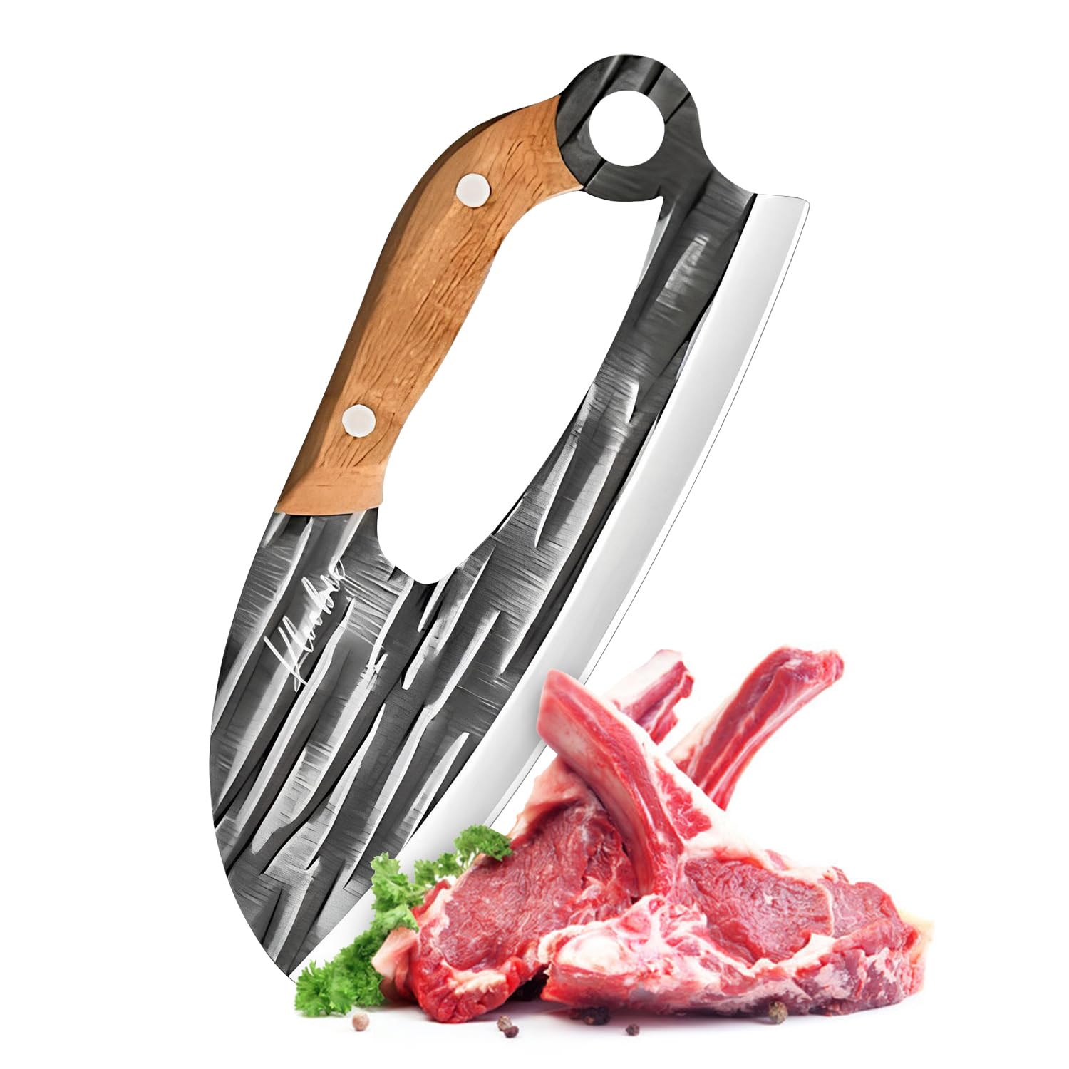 KLOOBIE Premium Hammered Stainless Steel 8.23" Meat Cleaver with Ergonomic Wooden Handle and Finger Hole for Enhanced Control – Versatile Kitchen Knife for Chopping, Slicing, & Dicing - Light Brown