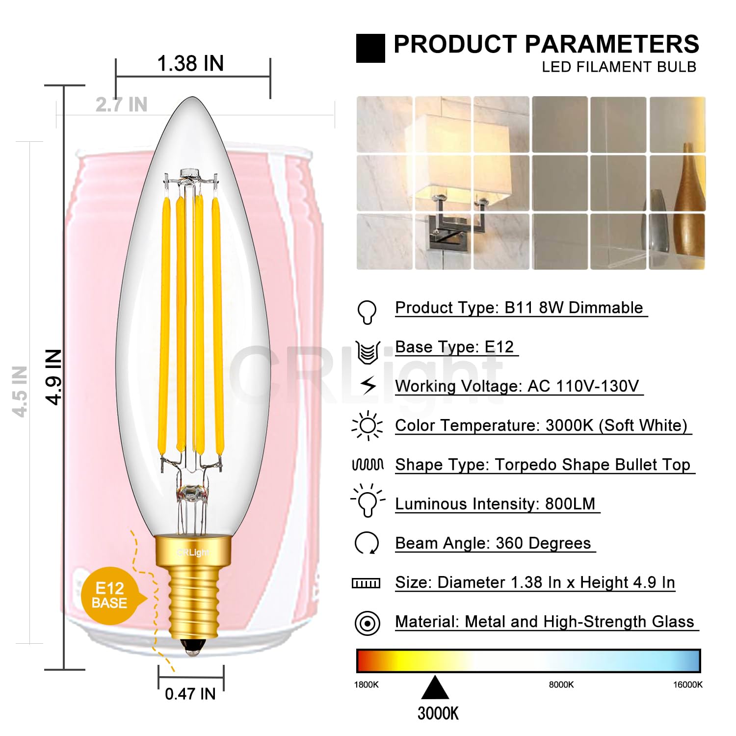 CRLight 8W Dimmable LED Candelabra Bulb 3000K Soft White 80W Equivalent 800LM, E12 LED Candle Bulbs, Upgraded Lengthened & Enlarged B11 Clear Glass Torpedo Shape, Pack of 4