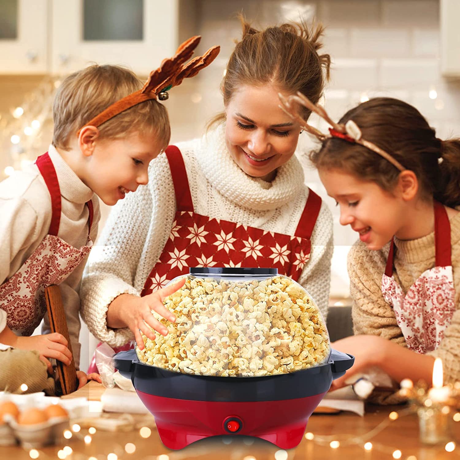 Electric Hot Oil Stirring Popcorn Maker,800W Popcorn Popper Machine with Measuring Cups and Large Lid, 6 Quart, Red, 34*29*13cm, RH-906