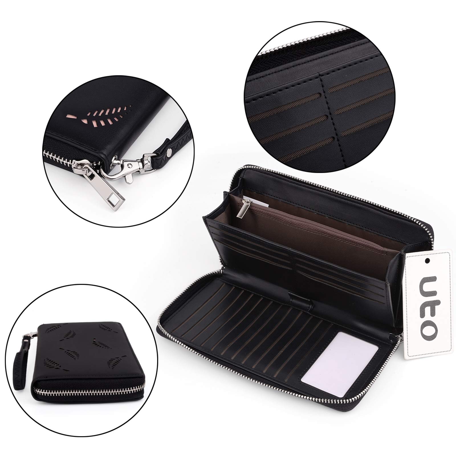 UTO Women Wallet Large Leather Hollow-Carved Leaf Card Holder Checkbook Passport Organizer Ladies Travel Clutch with Wristlet