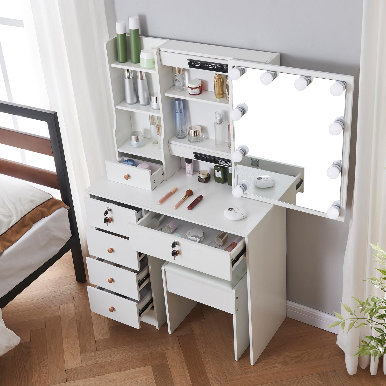 Caulitar Modern Vanity Desk with Mirror and Lights, White Vanity Desk with Stool and 4 Storage Drawers, Bedroom Makeup Vanity for Women Girls