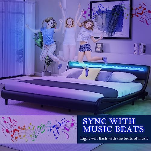 HAUSHECK King Size Upholstered Platform Bed, LED Bed Frame with Lights Headboard, Modern Faux Leather Bedframe No Spring Box Needed for Kids, Teen & Adults, King Beds with Strong Wood Slats Support