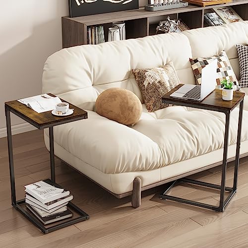 Fixwal C-Shaped End Table Set of 2, Side Tables Couch Table, Snack Table for Living Bedroom Coffee Snack Laptop, Rustic Brown