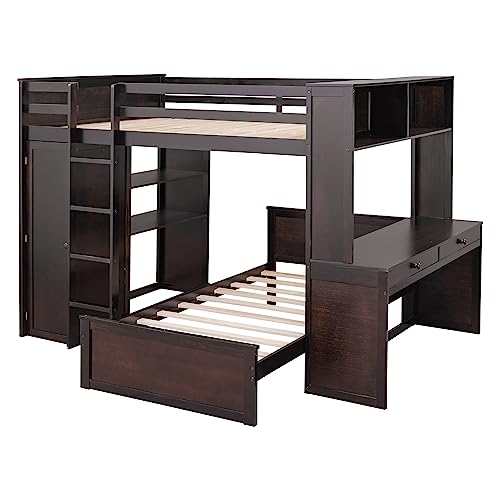 SOFTSEA Full Over Twin Bunk Bed with Desk, Full Size Loft Bed with Wardrobe and Storage, Wood Loft Bed with Stand-Alone Bed for Kids Teens (Espresso)