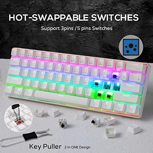 RK ROYAL KLUDGE RK61 60% Mechanical Keyboard with Coiled Cable, 2.4Ghz/Bluetooth/Wired, Wireless Bluetooth Mini Keyboard 61 Keys, RGB Hot Swappable Blue Switch Gaming Keyboard with Software - White