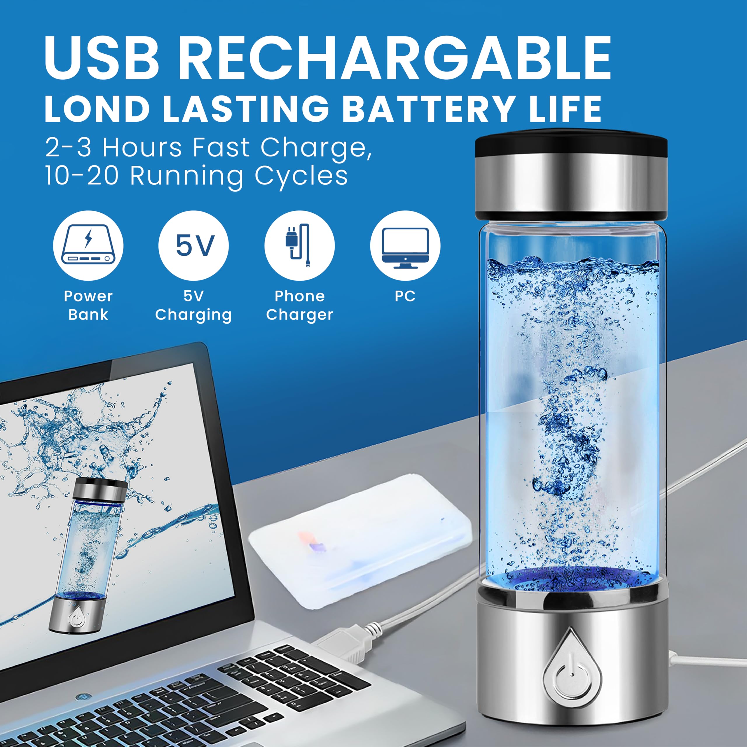 Hydrogen Water Bottle, Hydrogen Water Generator Bottle - Hydrohealth Hydrogen Water Ionizer Machine for Home, Gym, Travel, Office, 450ml