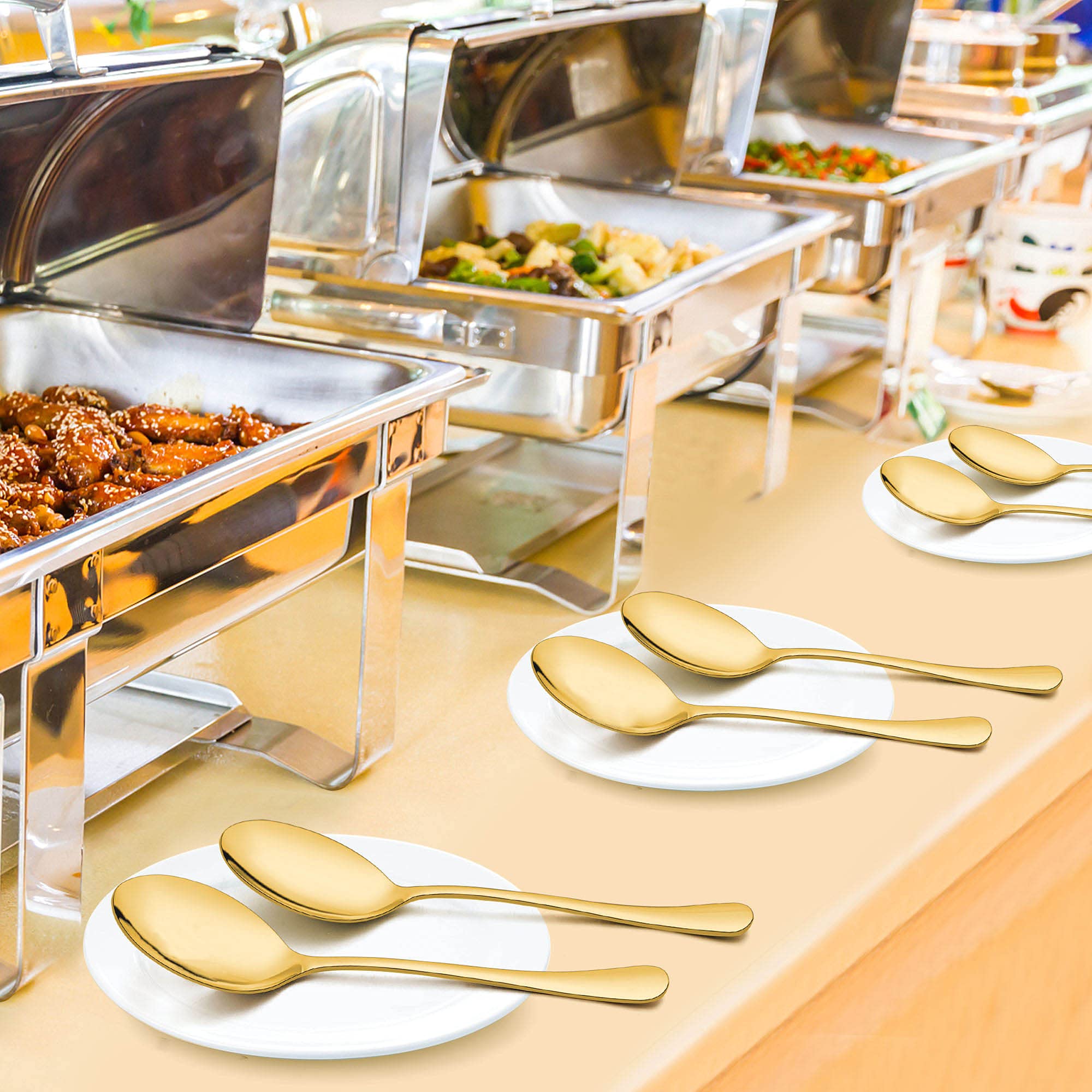 LIANYU Gold Serving Spoons Set of 6, 9.8 Inch Stainless Steel Large Dinner Buffet Catering Banquet Serving Spoons, Mirror Finish, Dishwasher Safe