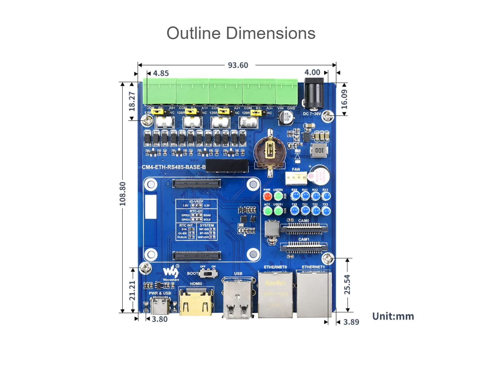 ETH RS485 Base Board for Raspberry Pi Compute Module 4 CM4 Dual ETH Quad RS485 Expansion Board Onboard Gigabit Ethernet /100M Ethernet RJ45/4CH Isolated RS485/CSI/USB2.0/HDMI/Fan/RTC/Micro SD etc.