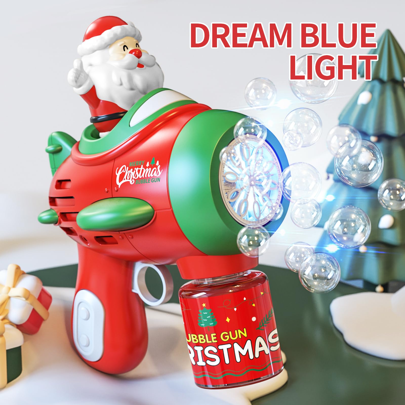 Christmas Bubble Gun for Kids, Bubble Machine Gun for Kids with Blue Lights, Automatic Bubble Maker with One Bubble Solutions Bottles,Bazooko Bubble Gun for Summer Pool Toys Bubbles Blower for Party