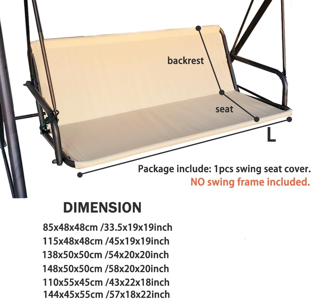 J&C Patio Swing Seat Cover Replacement 600D Heavy Duty Swing Cushion Cover Outdoor Swing Seat Support Waterproof UV Resistant for 2 Seater 3 Seater Durable Swing Covers for Frame (63x22x22inch)