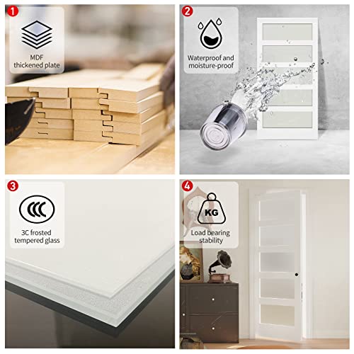 SOLRIG 30" x 80" French Interior Door - 5 Lites Tempered Frosted Glass Pantry Door Panels, Closet & Bathroom Single Door Slab, White Primed, MDF - Panel Need to Assembly