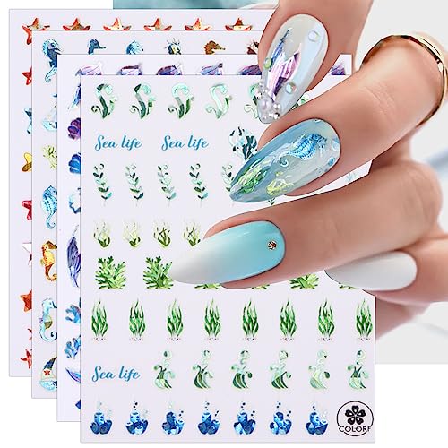 JMEOWIO 8 Sheets Summer Ocean Mermaid Nail Art Stickers Decals Self-Adhesive Pegatinas Uñas Colorful Nail Supplies Nail Art Design Decoration Accessories