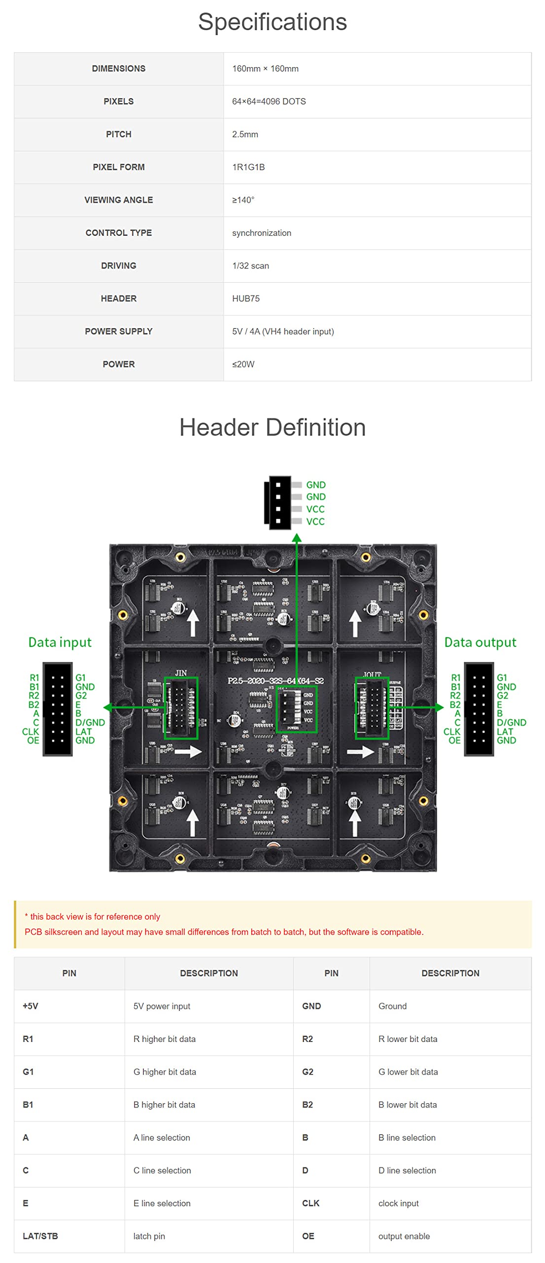 Full-Color RGB LED Matrix Panel for Raspberry Pi 4B+ 4B 3B+ 3B 2B+ Zero W WH Pico ESP32 Ardui 2.5mm Pitch 64×64 Pixels Adjustable Brightness