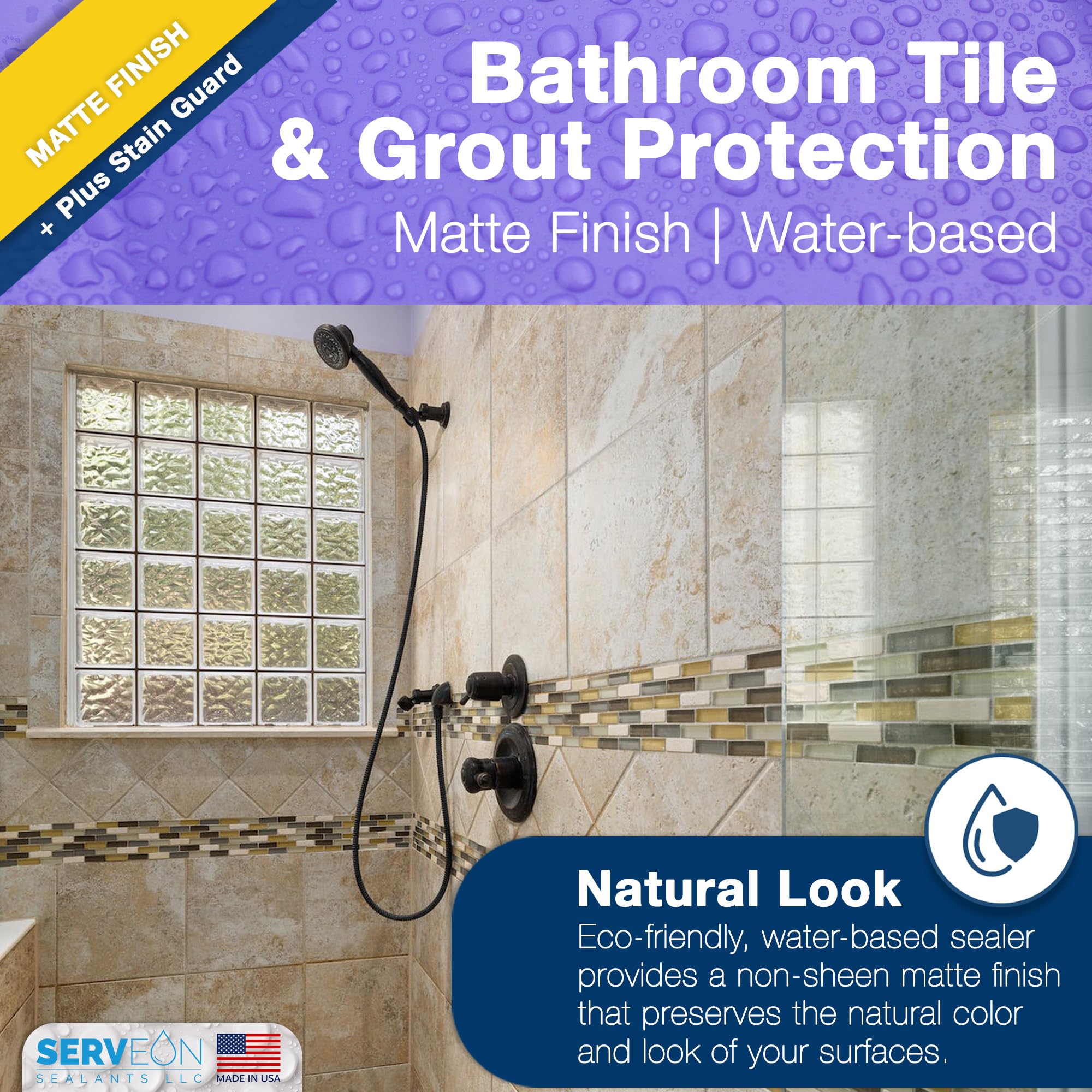 Serveon Sealants Kitchen & Bathroom Sealer Plus Stain Guard (Matte Finish) Commercial Grade Tile Grout Sealer Waterproof Sealant - Granite Countertop Slate Natural Stone Shower Floors (1 Quart) H2900C