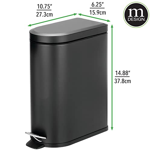 mDesign Small 2.6 Gallon Stainless Steel Metal Step Trash Can Garbage Bin for Bathroom, Bedroom, Home Office - D-Shape Trashcan with Foot Pedal/Lid, Removable Liner Bucket with Handles, Black