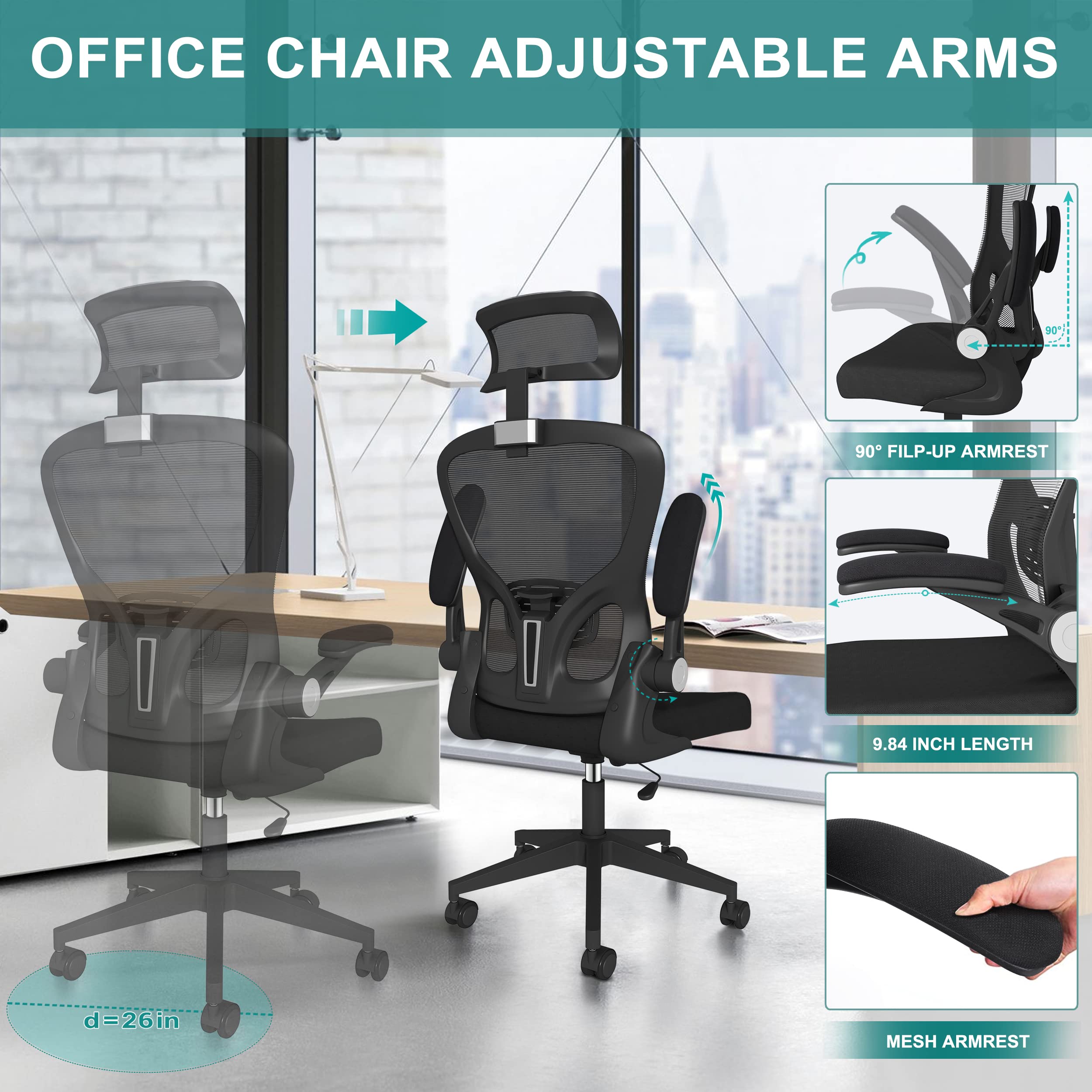 CBBPET Ergonomic Desk Chair with Lumbar Support and Flip-Up Armrests, Home Office Swivel Mesh Chair, Adjustable Backrest Executive Office Chair with Wheels, Perfect for Computer Desk and Home Office