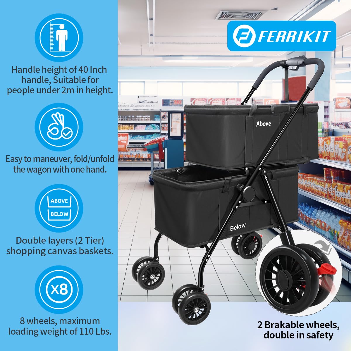 Ferrikit 2-Tier Grocery Shopping Cart Foldable Double Canvas Baskets Collapsible Folding Hand Truck Heavy Duty Trolley Sturdy Lightweight Funcitonal Multi Use Moving Shopping Storage Cart 360 Rotation