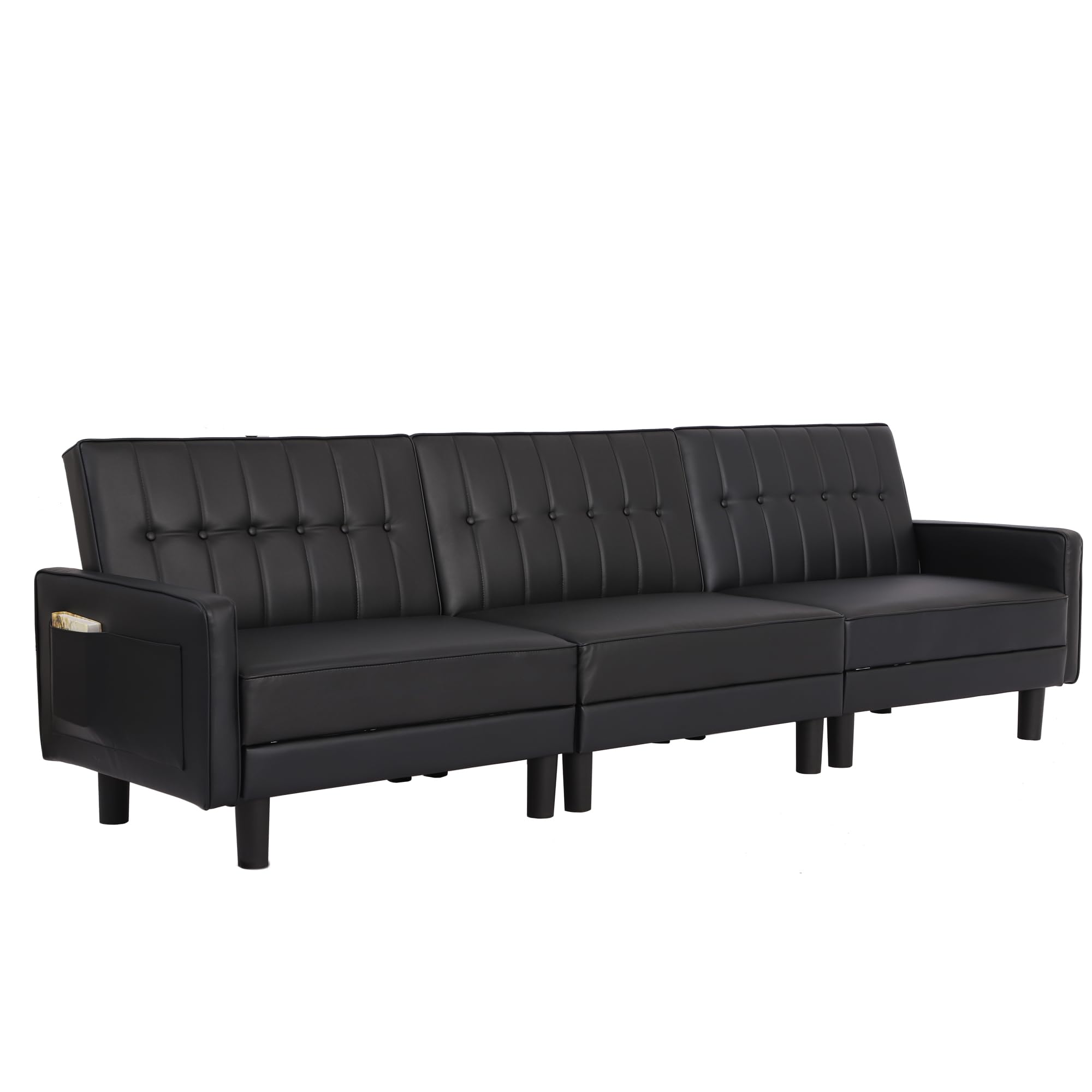IPKIG 106" Futon Sofa Bed, Convertible Sleeper Sofa, 3-Seater Sofa Bed Couch, Faux Leather Split-Back Sofabed for Living Room Home Office Hotel with Adjustable Backrest and Side Pockets (Black)