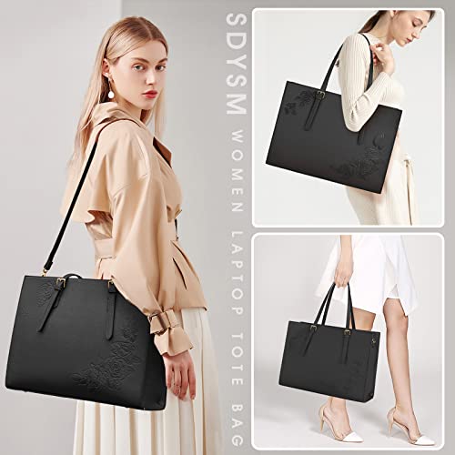 Laptop Bag for Women 15.6 Inch Laptop Tote Bag Leather Waterproof Work Bags Professional Business Office Computer Briefcase Large Capacity Shoulder Bag Black