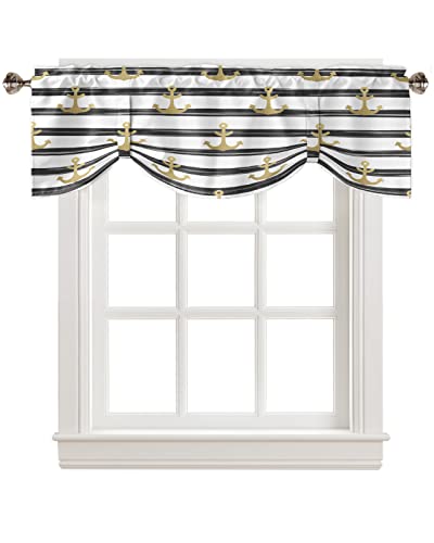OneHoney Tie Up Curtain Valances Window Topper,Shade Valance for Kitchen Windows Nautical Theme Gold Anchor Rod Pocket Tie-up Curtains Window Treatment Drapes Black White Stripes 1 Panel-42 x18