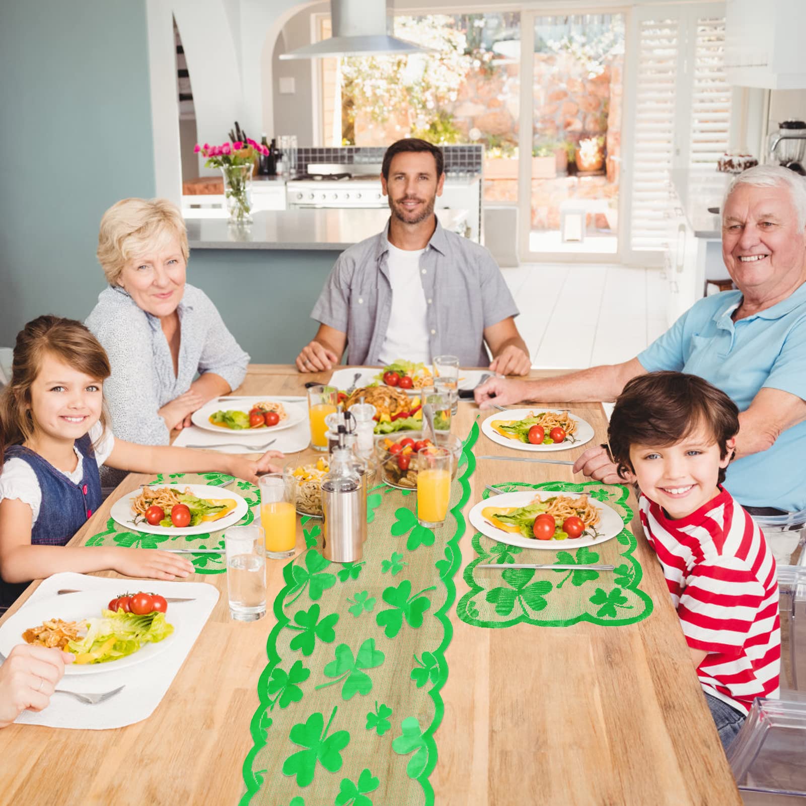 St. Patrick's Day Table Runner 11.8"x70.8",with 4 PCS Placemats,Green Clover Table Placemats for St Patricks Day Decorations,Spring Party Decoration,Decor Supplies