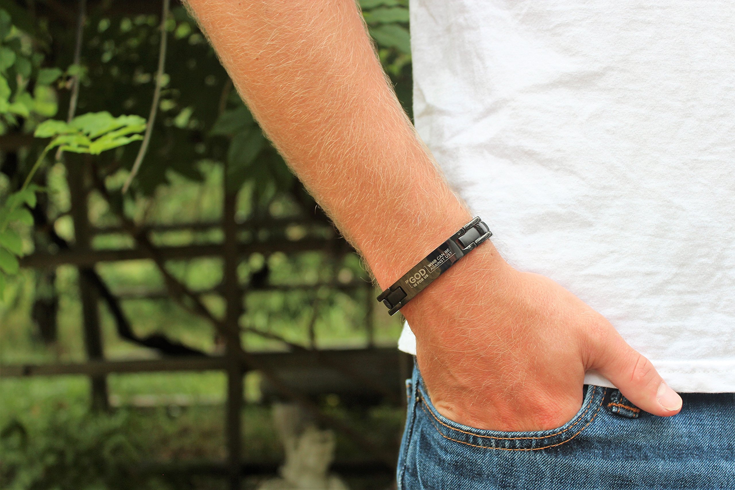 Crosstraxx Religious Bracelet - Adjustable Titanium Magnetic Bracelet with Romans 8:31 - If God Is For Us, Who Can Be Against Us? Motivational Christian Scripture - 8.5x0.5